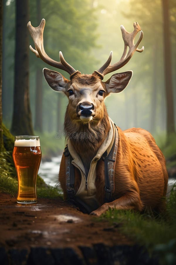 Big Deer Lying in Forest with Glass of Beer Stock Illustration ...