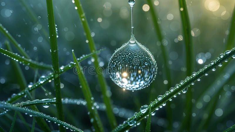 Big Dewdrop Hanging on Green Grass Reflecting Sunlight Stock ...