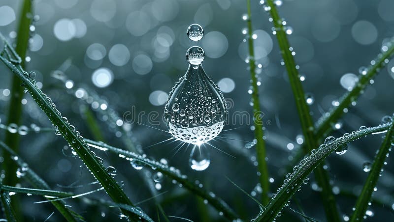 Big Dewdrop Reflecting Light on Blades of Grass Stock Illustration ...