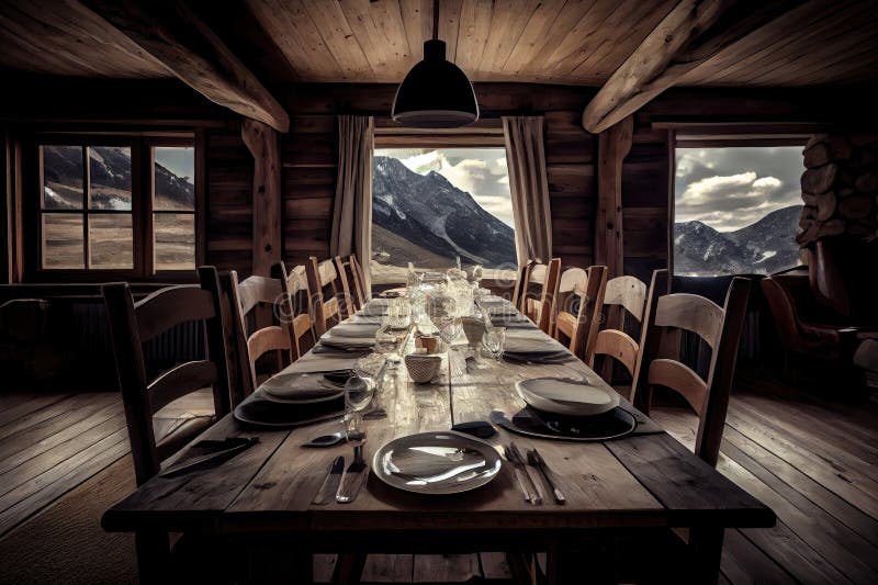 Big Dining Table with Chairs in Mountain Hut Chalet Stock Illustration ...