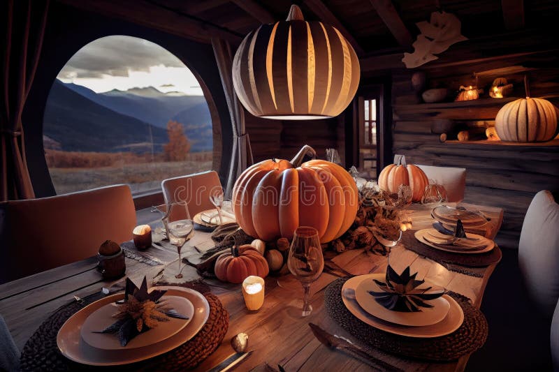 Big Dining Table in Chalet with Pretty Pumpkin Decorations for Holiday ...