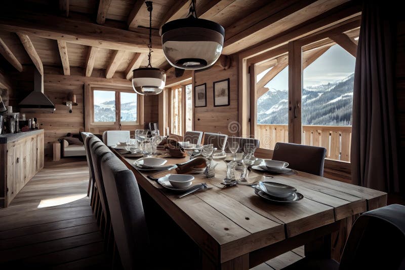Big Dining Table for Family Breakfast in Mountains on Chalet Stock ...