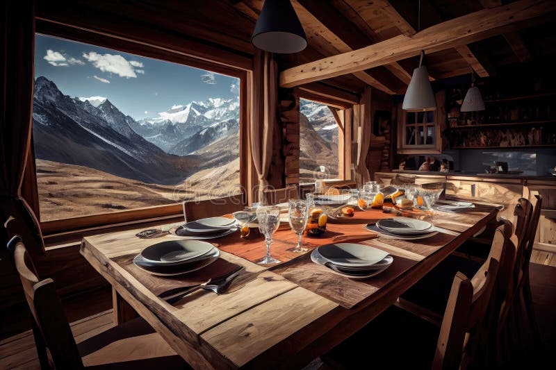 Big Dining Table for Family Breakfast in Mountains on Chalet Stock ...