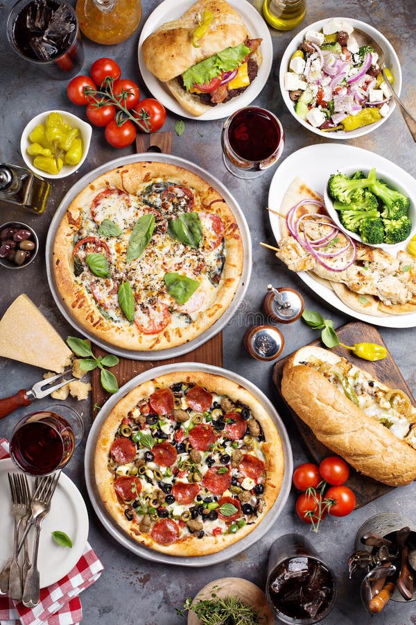 Big Dinner with Pizza and Sandwiches Stock Image - Image of cheese ...