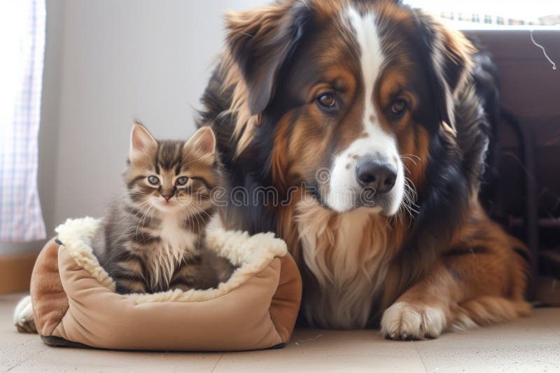 Big Dog and Kitten Together, with Kitten Inside a Pet Bed Stock Image ...