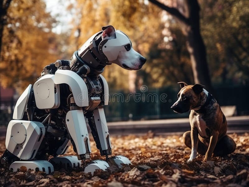 Big Dog Robot and Real Dog Playing in Park Stock Image - Image of ...