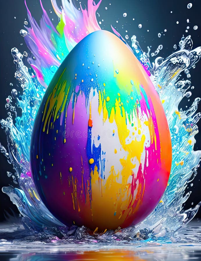 Big Easter Rainbow Egg in a Puddle of Multi-colored Color and Drops ...