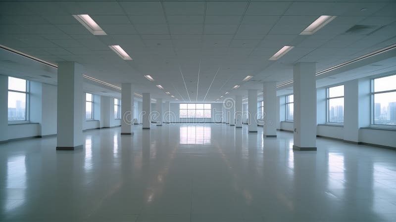 Empty Hall Room with Minimalistic Light Grey Interior, Big Windows and ...