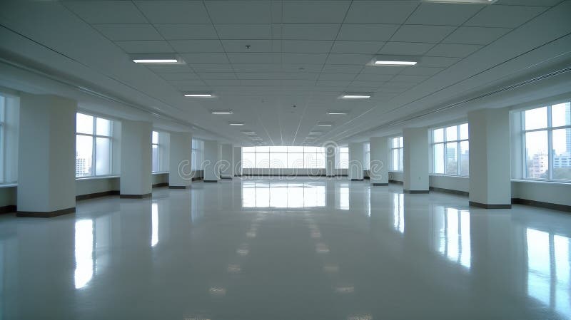 Empty Hall Room with Minimalistic Light Grey Interior, Big Windows and ...