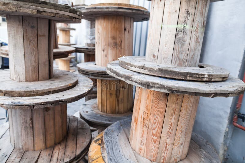 Big empty cable reels stock image. Image of table, wooden - 115465461