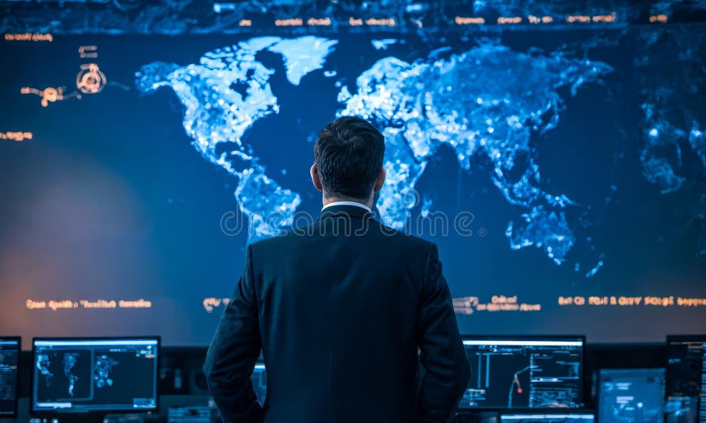 Big Empty Data Monitoring Center with Global Map on Huge Digital Screen. Person Back View Stands ...