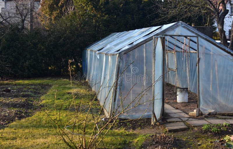 Big Empty Green House Garden for Plants Covered with Plastic with Open ...