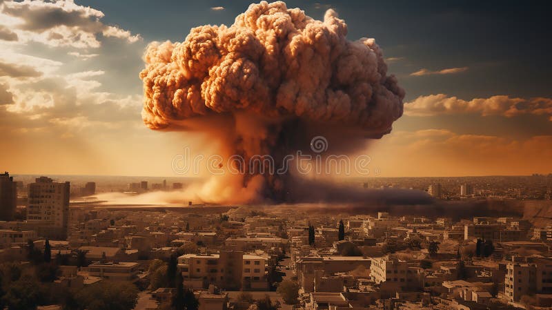 Big Explosion is Flying Over a City in Israel. Burst of Blue Atmosphere ...