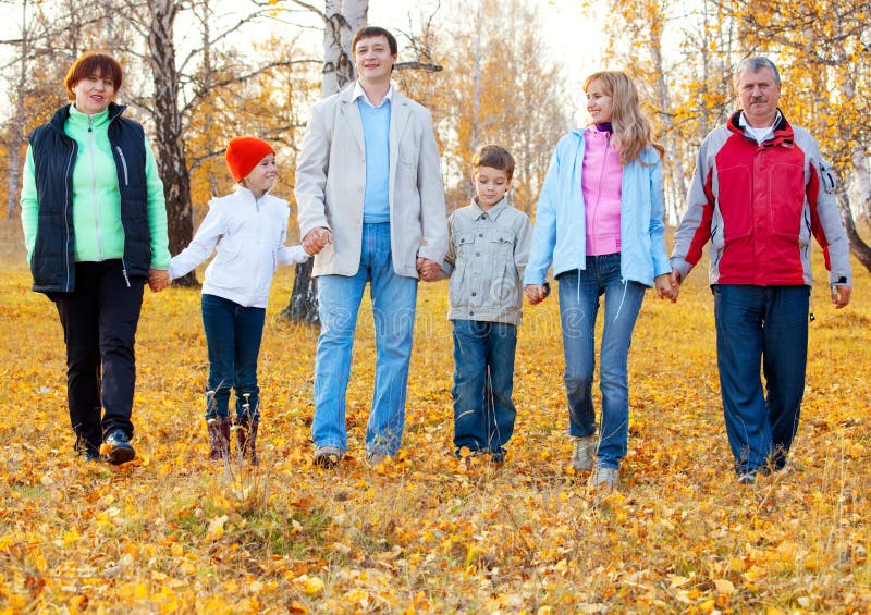Big Family Walking in Autumn Park Stock Photo - Image of children ...