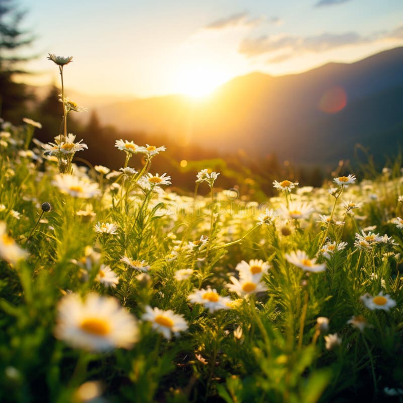 Big Field with Flowers Trees and Mountains Mountain and a Sunset Stock ...