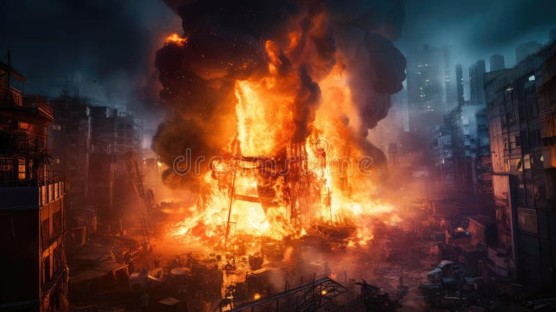 A big fire in the city stock illustration. Illustration of ecology ...