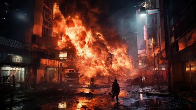 A big fire in the city stock illustration. Illustration of fire - 296319629