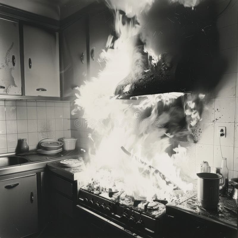 Big Fire in the Kitchen. Kitchen Fire Stock Image - Image of food ...