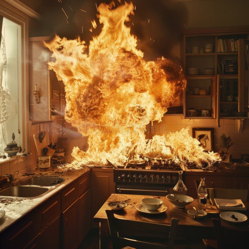 Big Fire in the Kitchen. Kitchen Fire Stock Image - Image of cooking ...