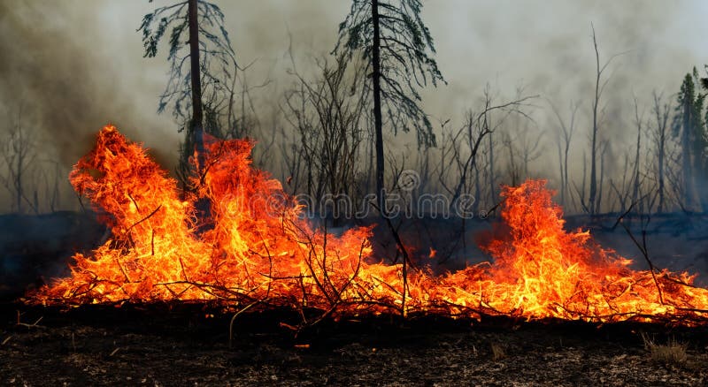 Big Fire in the Middle of the Leafy Forest with High Flames and Smoke ...