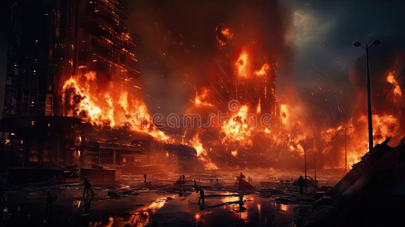 A big fire in the city stock illustration. Illustration of flare ...