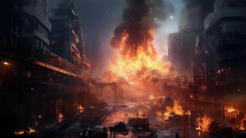 A big fire in the city stock illustration. Illustration of exterior ...