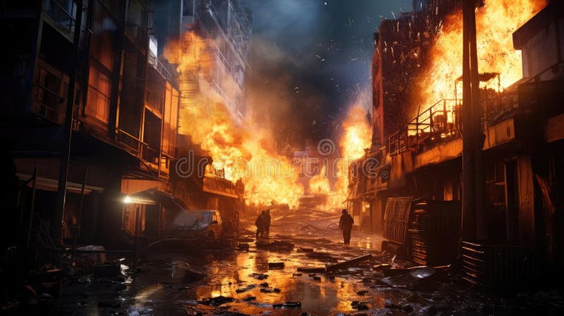 A big fire in the city stock image. Image of flame, emergency - 295276577