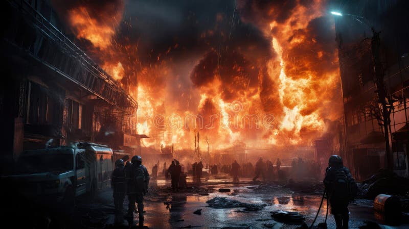 A big fire in the city stock photo. Image of house, meadow - 295276768