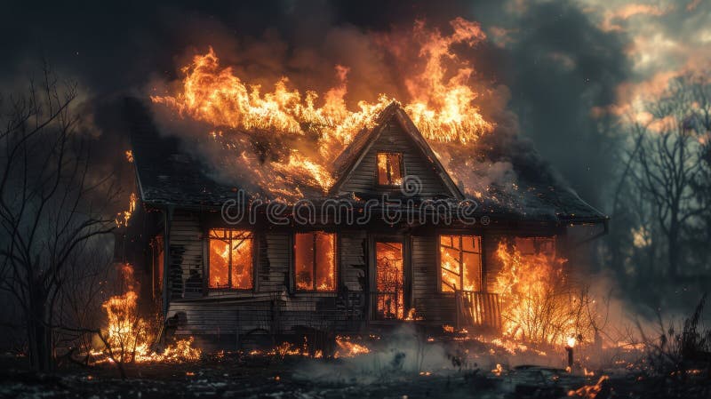 A Big Fire in a Private House. the House is on Fire Stock Photo - Image ...