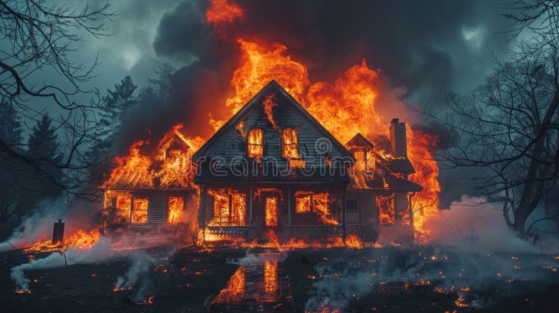 A Big Fire in a Private House. the House is on Fire Stock Photo - Image ...