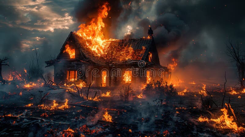 A Big Fire in a Private House. the House is on Fire Stock Photo - Image ...