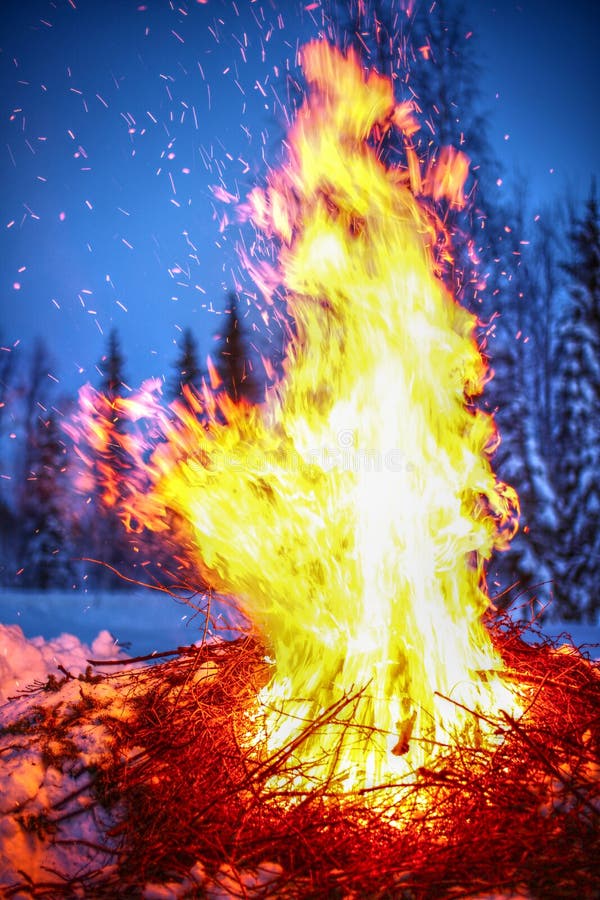 Big Fire in Winter Landscape with Flying Sparks Stock Photo - Image of ...