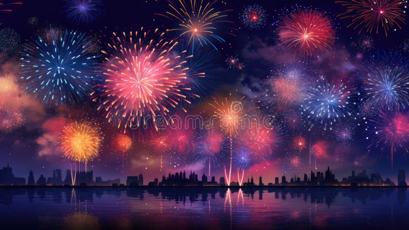 Big Firework Over the City at Night Stock Illustration - Illustration ...