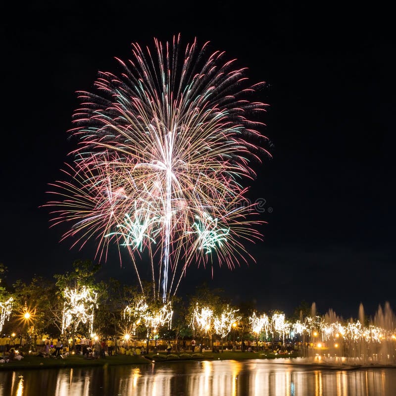 Big Fireworks in the Sky Over a Parks Stock Photo - Image of large ...