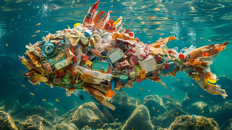 Big Fish Made of Garbage and Plastic Underwater Stock Illustration ...