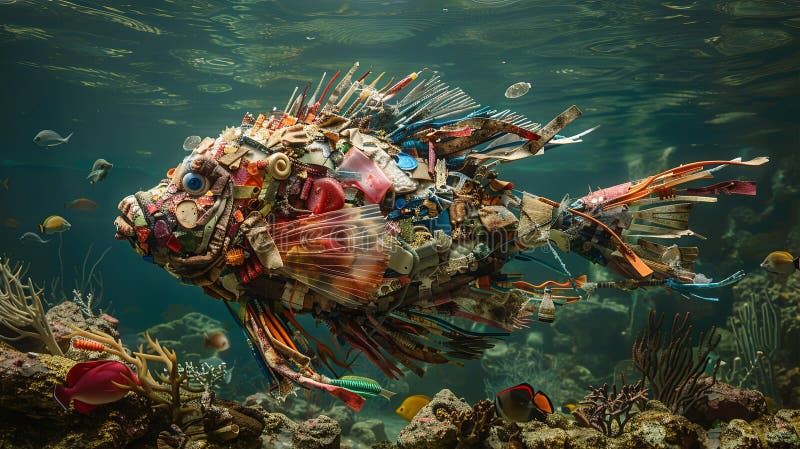 Big Fish Made of Garbage and Plastic Underwater Stock Illustration ...