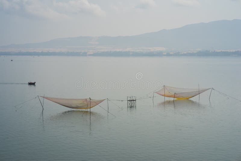 Big Fish Net on Lake at Morning Fog Stock Image - Image of lake ...