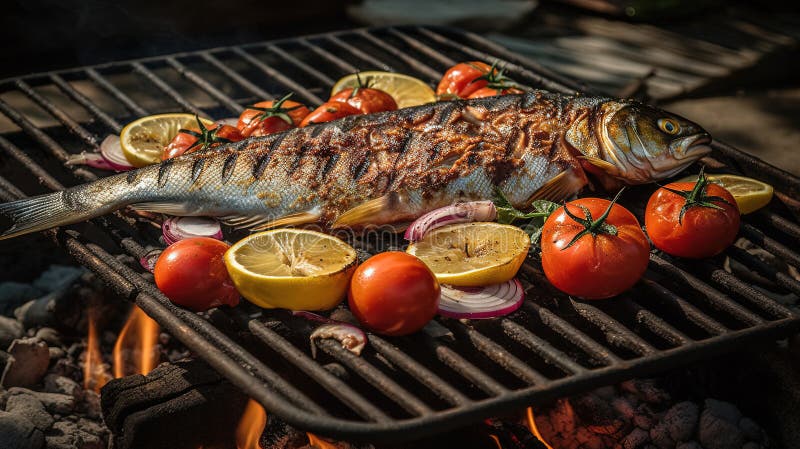 Big Fish is Prepared on Hot Grill, Tasty Meat on Grill Stock ...