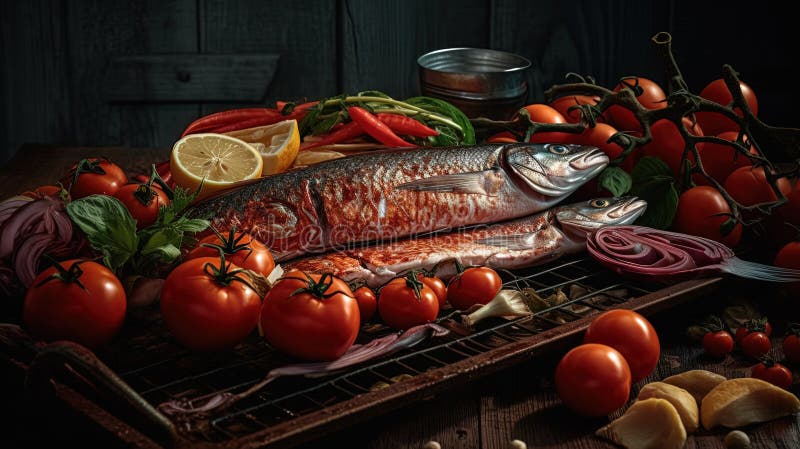 Big Fish is Prepared on Hot Grill, Tasty Meat on Grill Stock ...