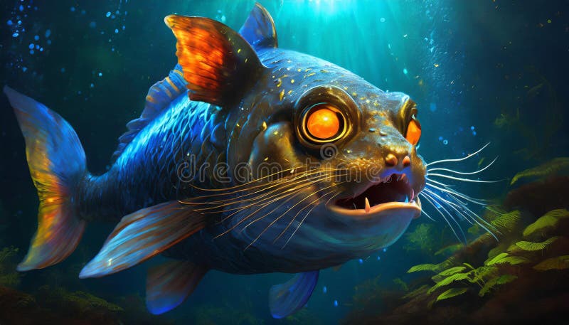 Big Fish with Whiskered Cat Face Stock Illustration - Illustration of ...