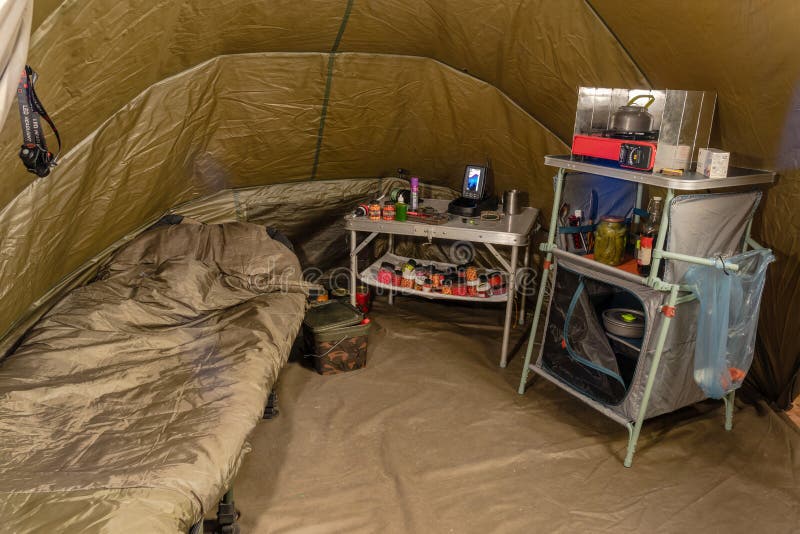 Big Fishing Tent Inside with Fishing Gear Stock Photo - Image of camper ...