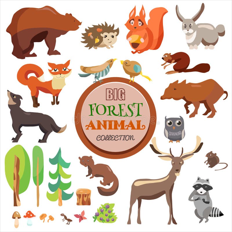 Big Forest Funny Animals Set. Vector Collection, On White Background ...