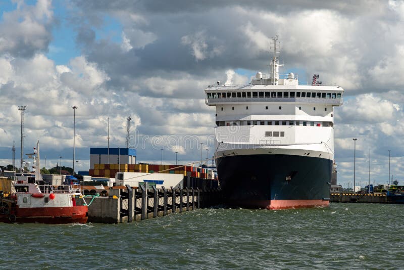 Big Freighter or Cruise Ship Loading at the Harbor. Industrial ...