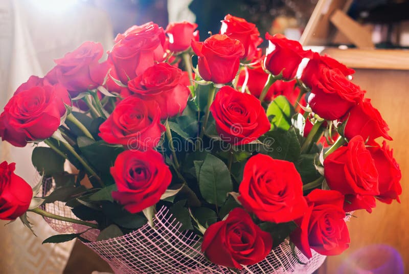 Big Fresh Bouquet of Red Roses Stock Photo - Image of rose, flowers ...
