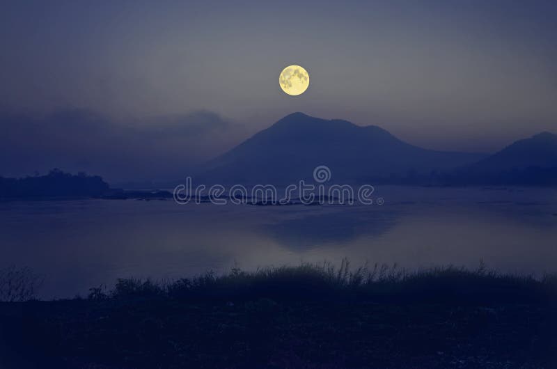 Big Full Moon Over the River Scene Stock Image - Image of reflection ...