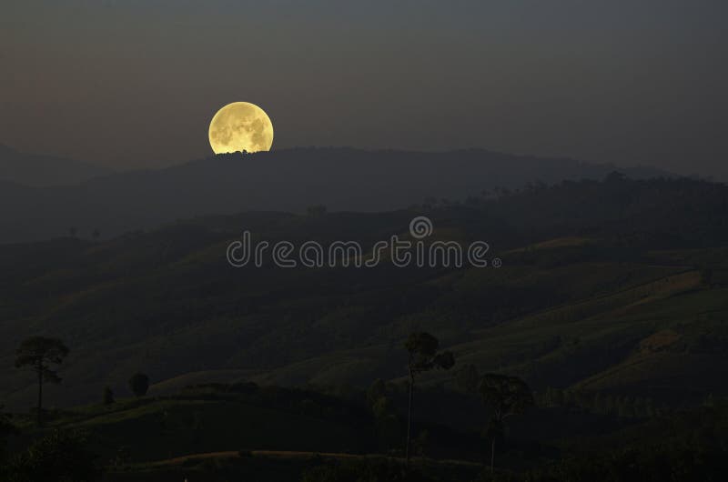 Big Full Moon Rise Over Mountains in Evening Stock Image - Image of ...