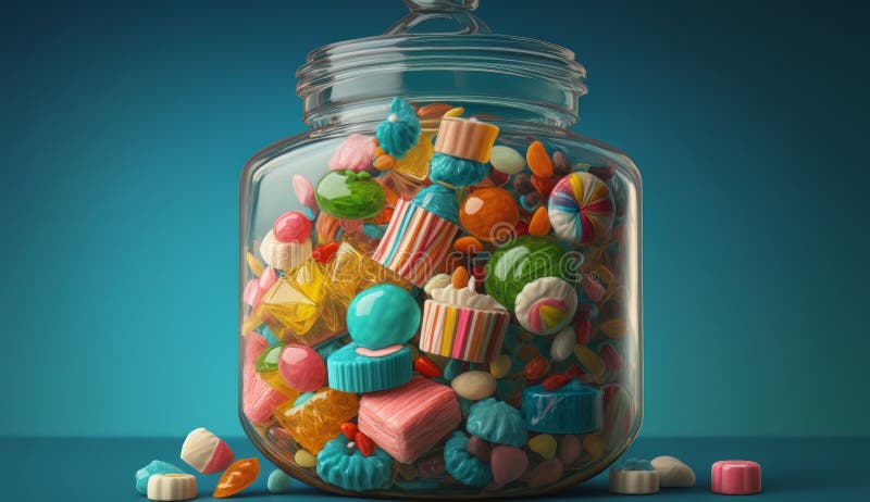 Big Glass Jars with Sweets and Lollipops on a Blue Background ...