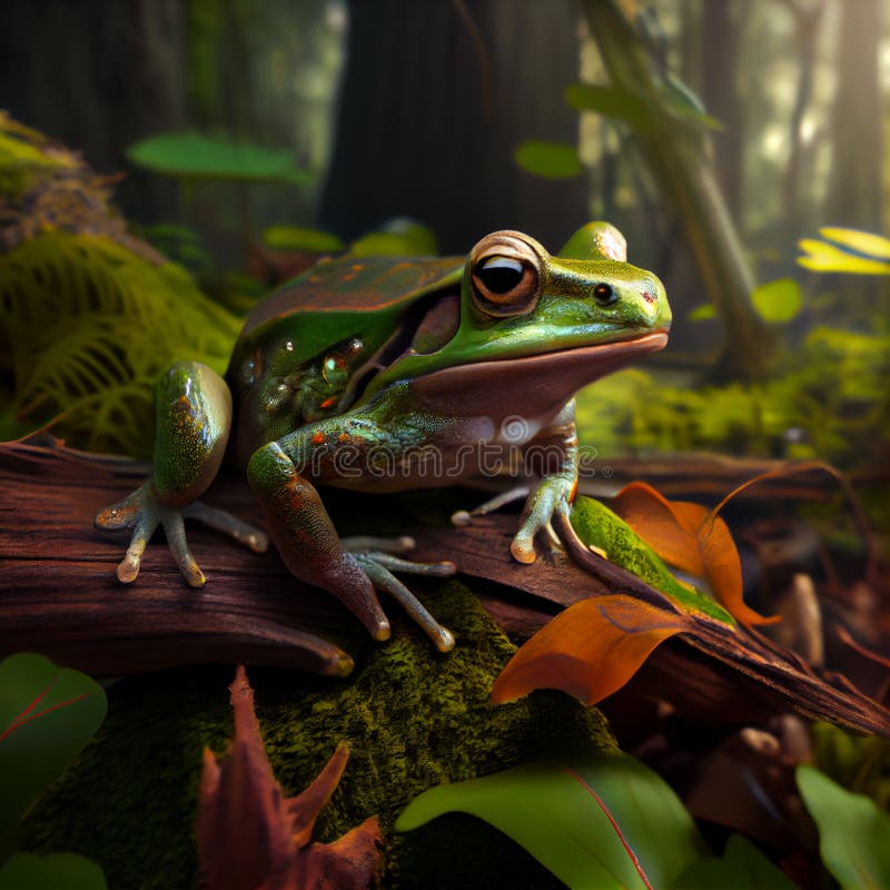 Big Green Frog in Tropical Spring Forest Stock Illustration ...