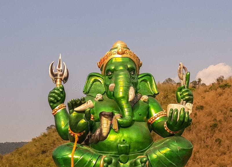 The Big Green Ganesh Statue in the Midst of Nature in Ratchaburi Stock ...