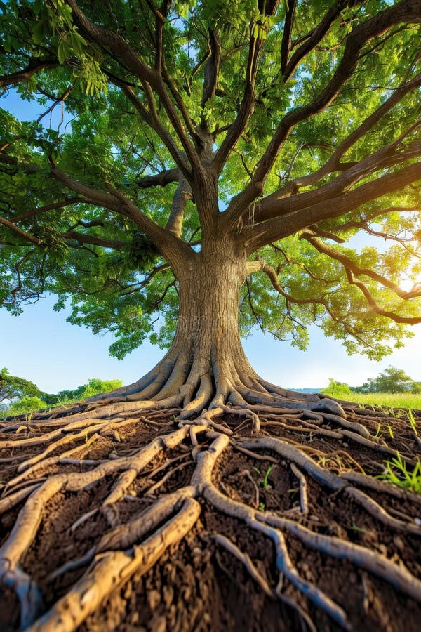 A Big Green Old Tree with Wriggling Roots Stock Image - Image of ...